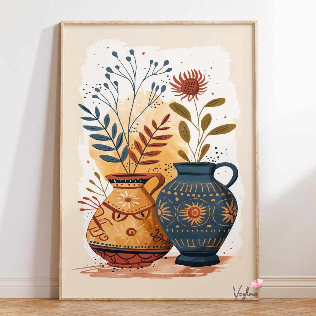 Boho Ceramic Vases Poster | Botanical Illustration | Earth Tone ...
