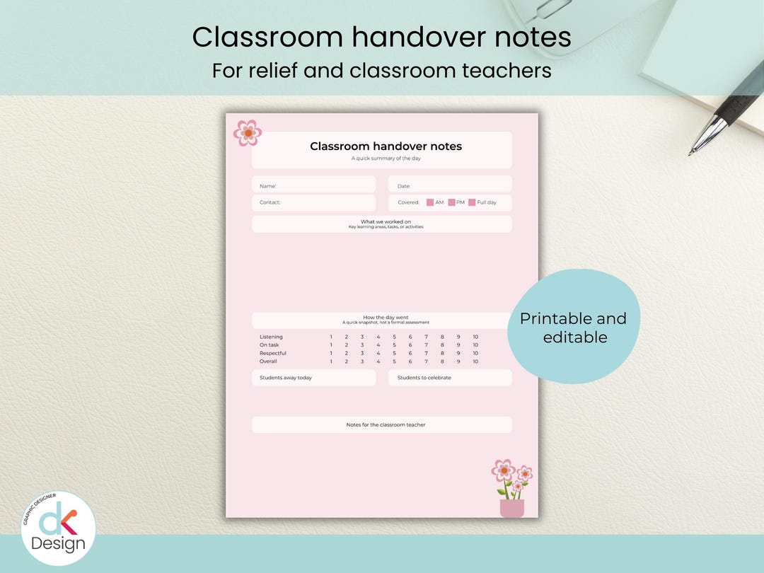 Classroom Handover Notes Printable, Relief & Substitute Teacher ...