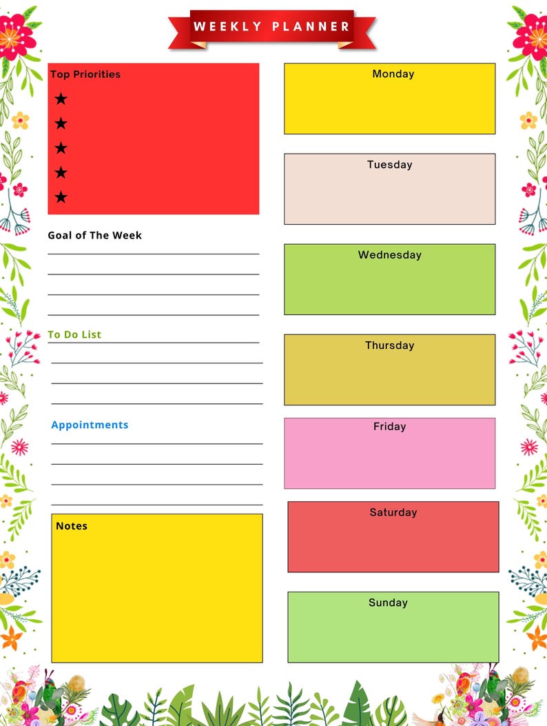 Editable Weekly Planner Digital Download - Weekly Planner Printable ...
