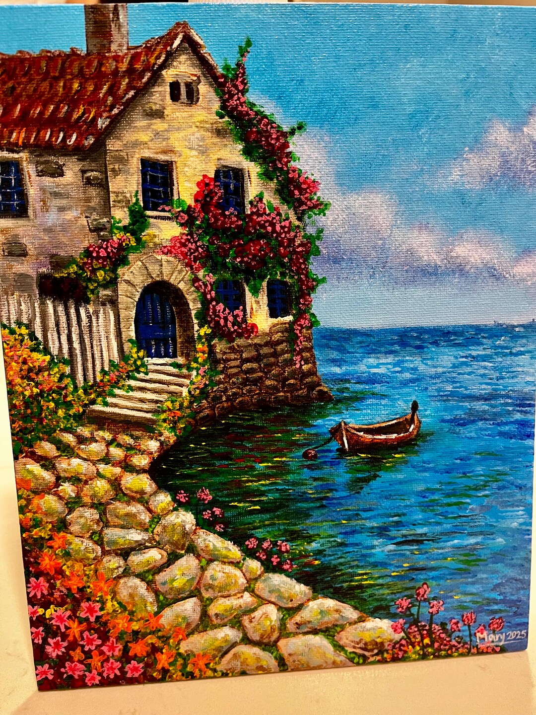 Mediterranean Coastal Cottage Original Acrylic Painting - Seaside Villa ...