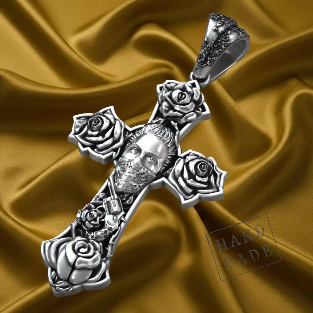 Chicano Skull Cross Pendant: Rose Tattoo Design in Sterling Silver - Etsy