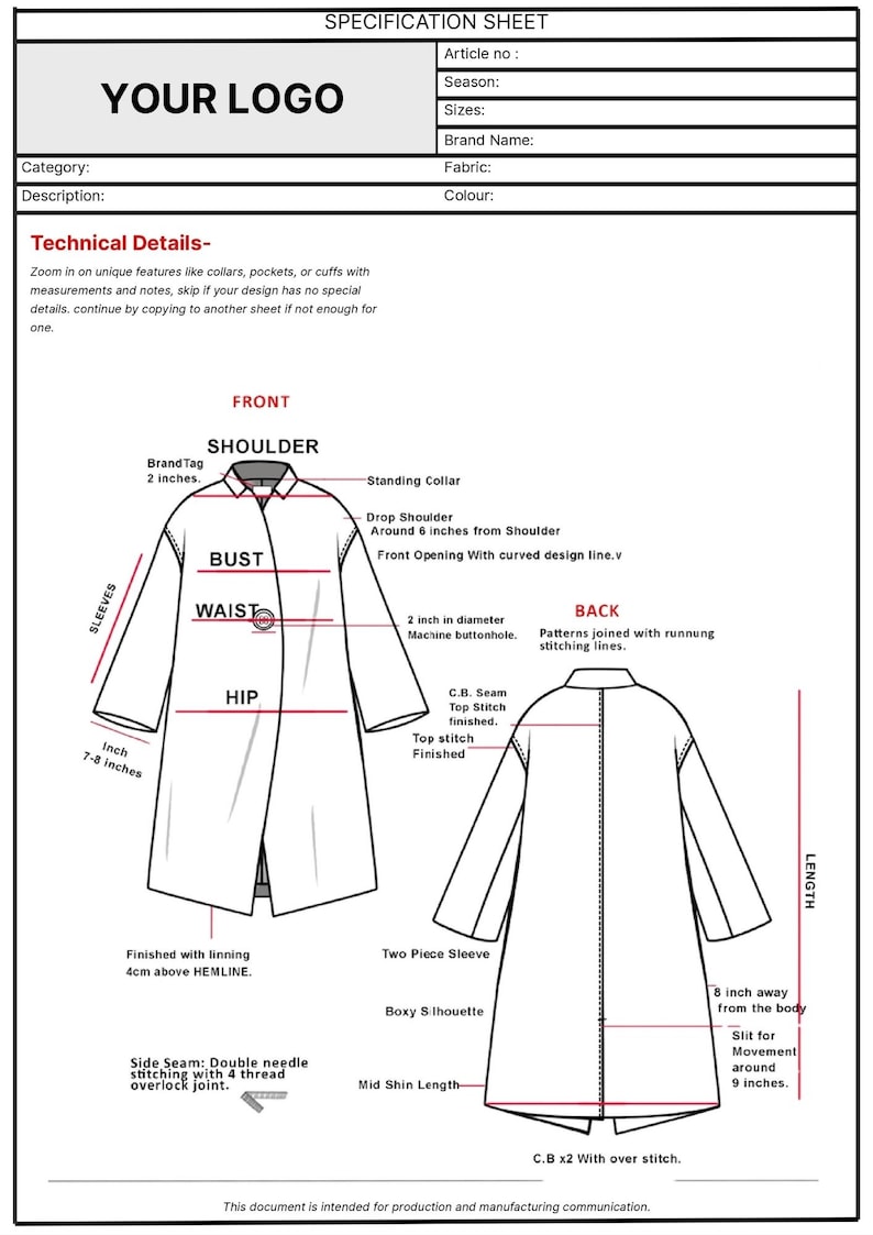 Fashion Tech Pack Template for Clothing Production | Editable Garment ...
