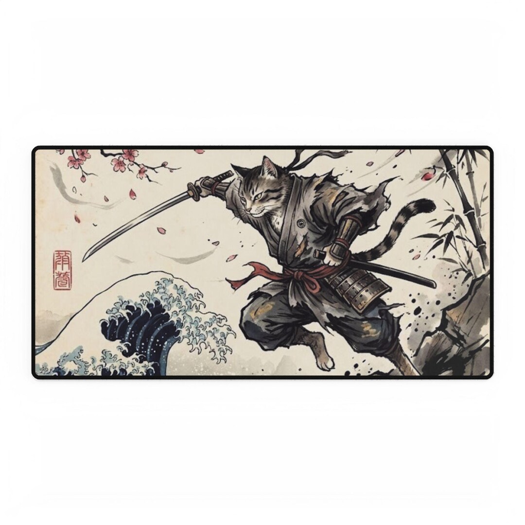 Samurai Cat Warrior Desk Mat | Japanese Wave Art Mouse Pad - Etsy