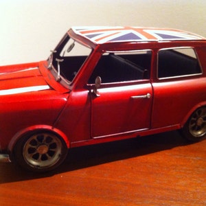 Mini Cooper Car - Red Tin Metal Toy Automobile With the Union Jack Flag ...