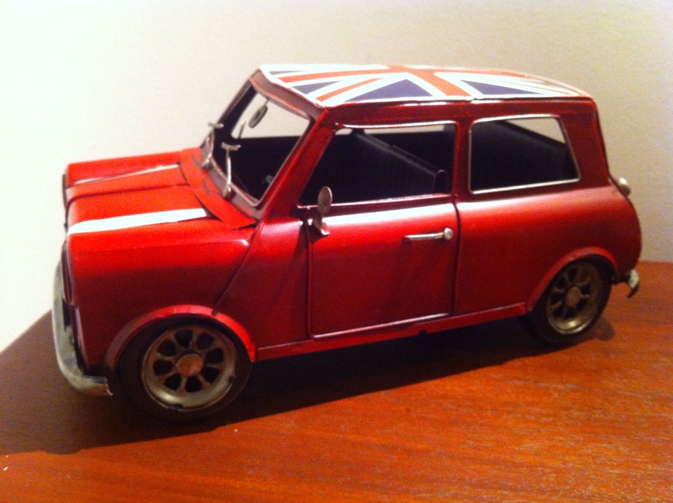 Mini Cooper Car - Red Tin Metal Toy Automobile With the Union Jack Flag ...