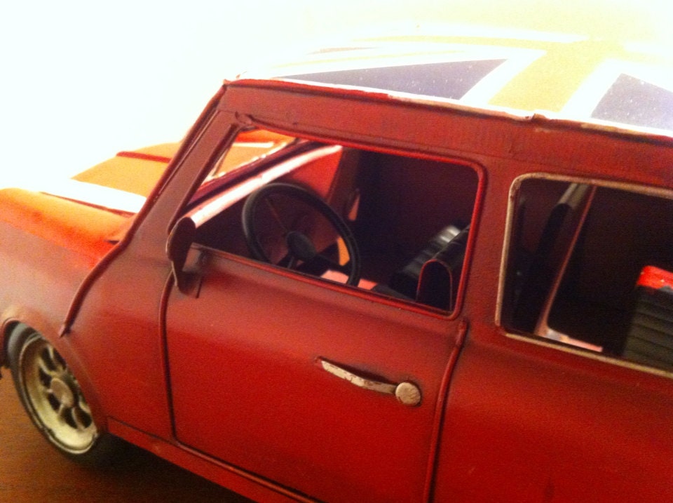 Mini Cooper Car - Red Tin Metal Toy Automobile With the Union Jack Flag ...