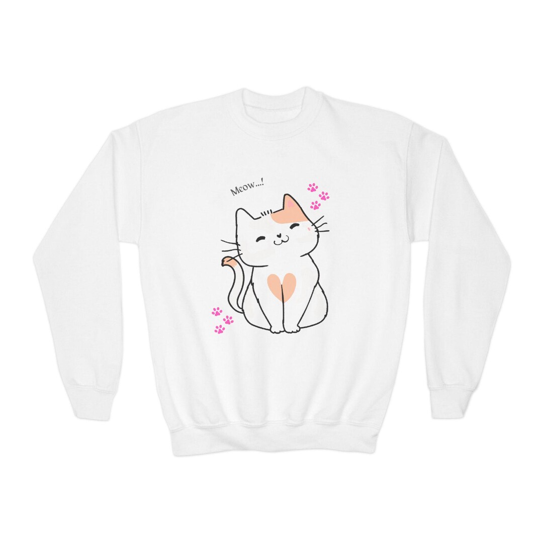 Cute Calico Cat Illustration Youth Sweatshirt | Paw Prints, Heart Patch ...