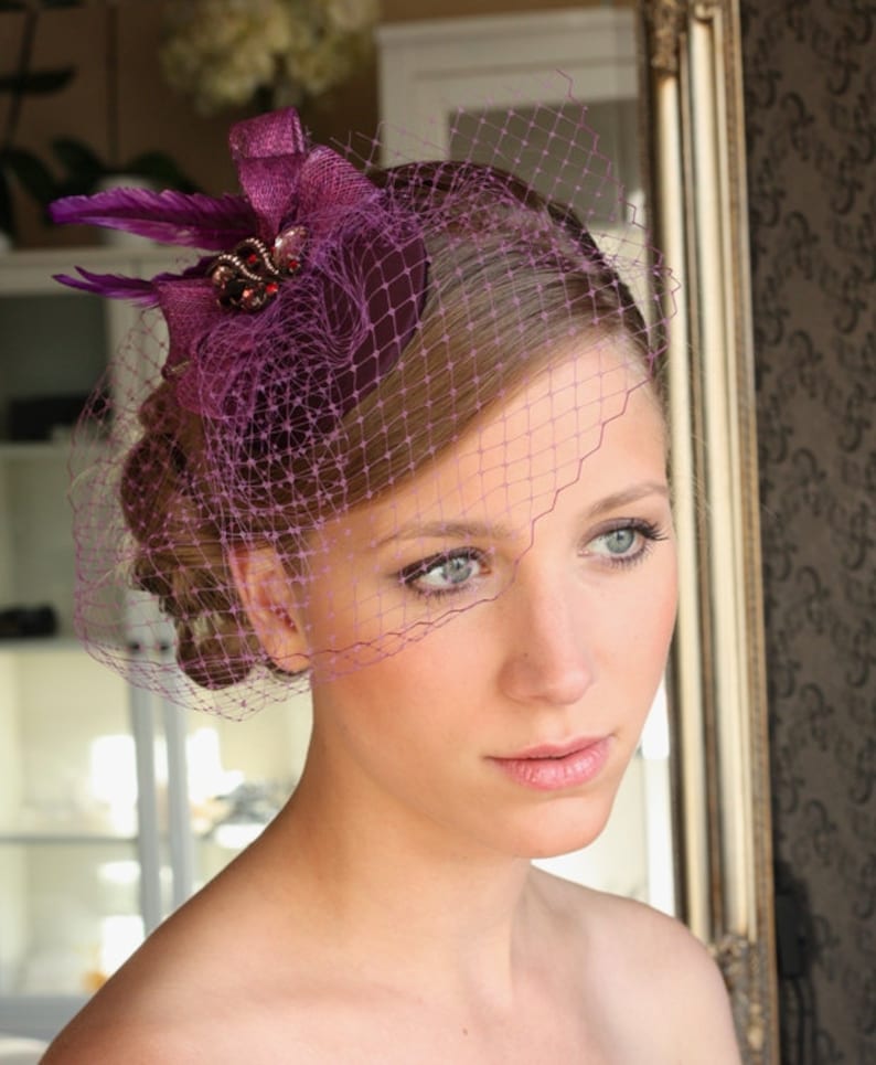 BIRDCAGE VEIL. Purple COCTAIL Hat. Black Mini Hat With Birdcage Veil ...