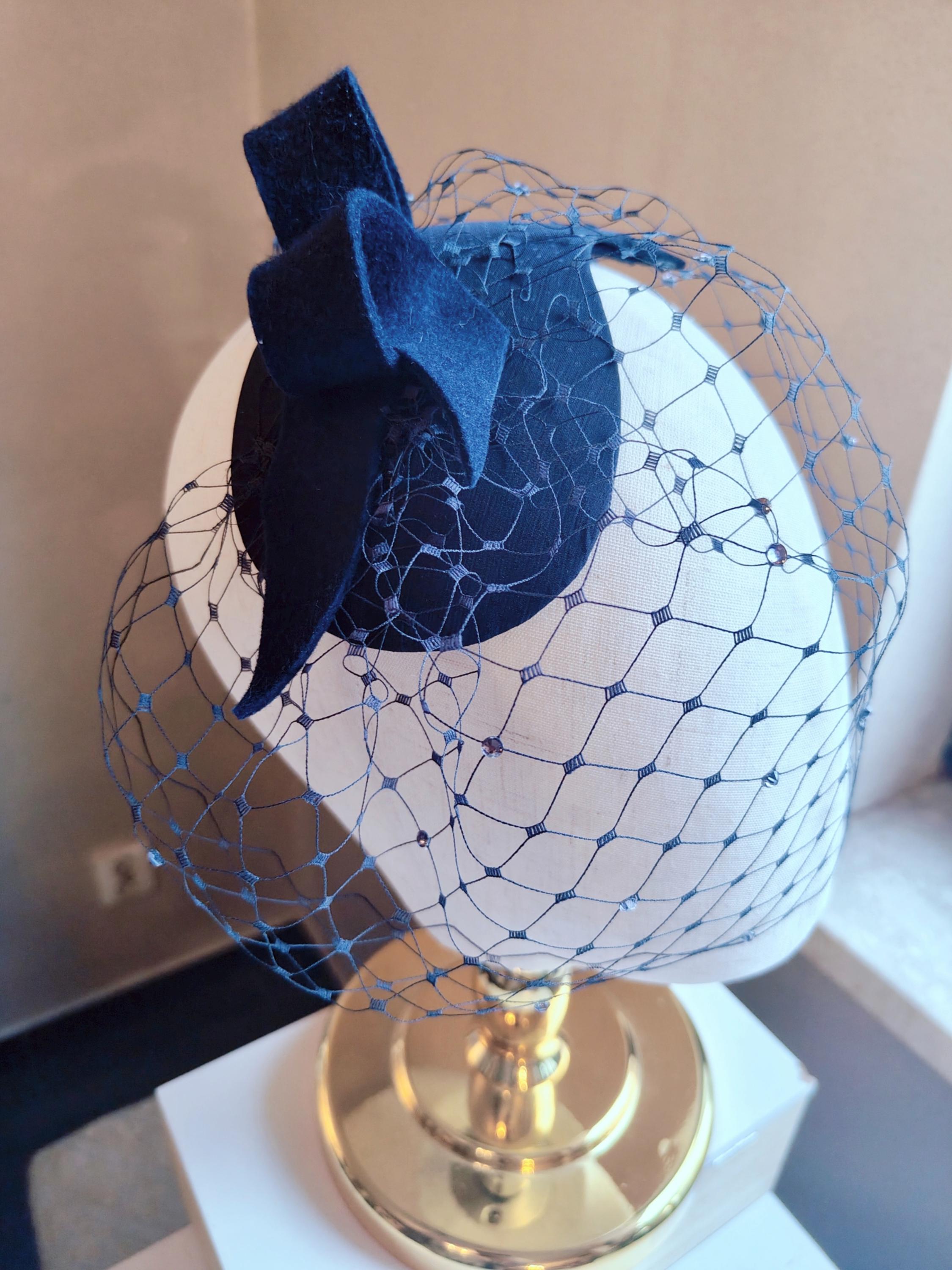 Navy Blue Bridal Fascinator With Veil and Bow – Luxury Wedding ...