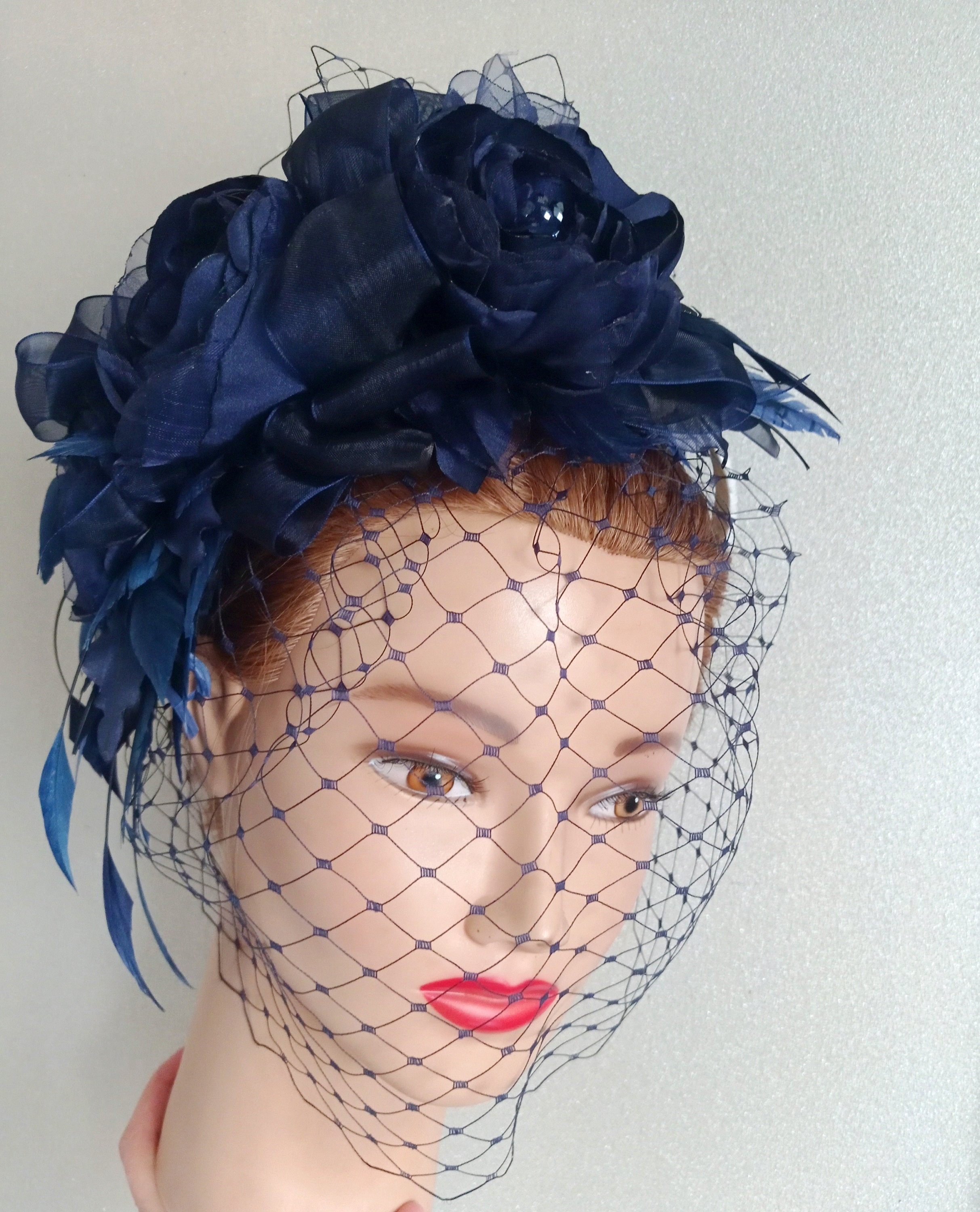 Navy Blue BIRDCAGE VEIL Vintage Style Wedding Headdress. Navy Blue ...