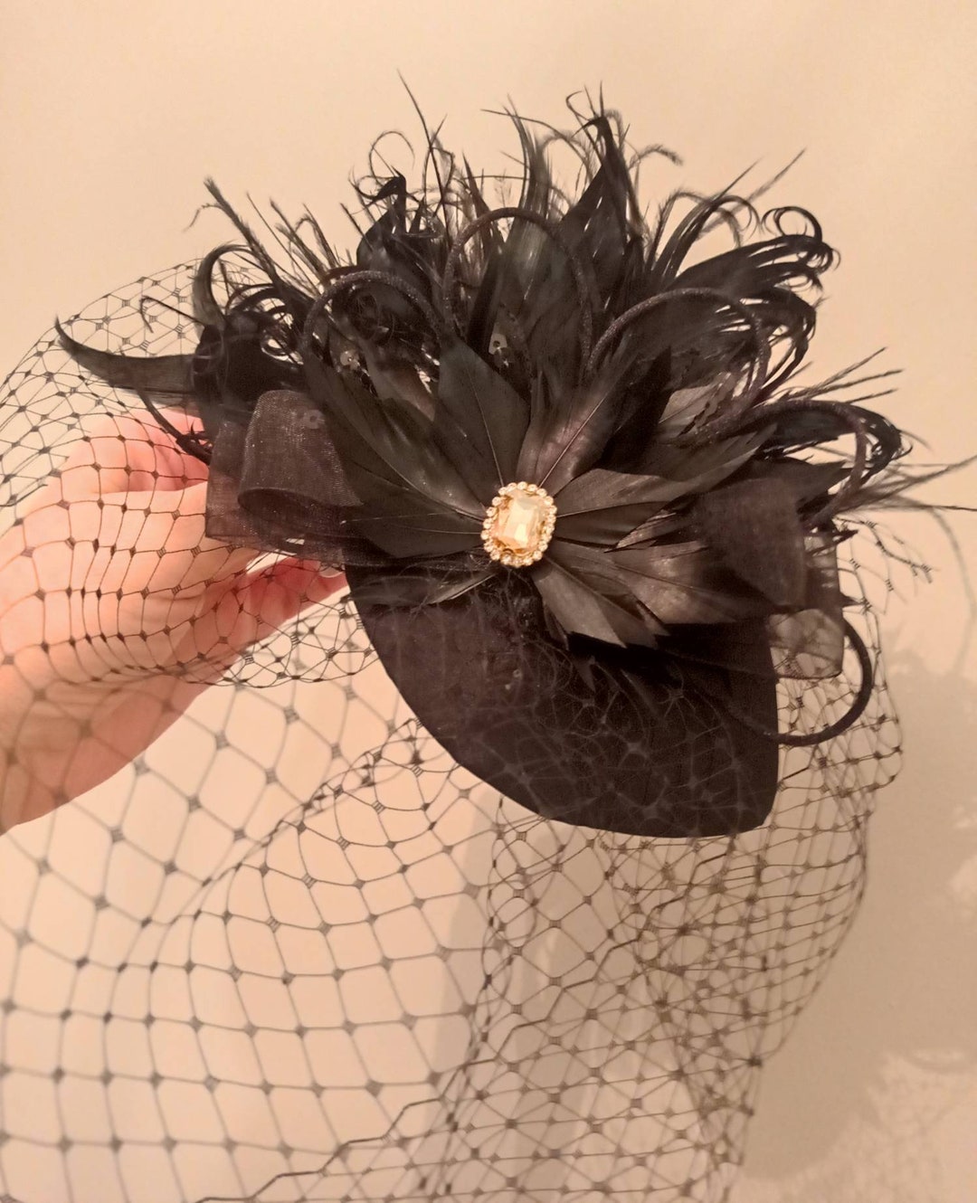 Black Feathers Fascinator, Black BIRDCAGE VEIL Vintage Headdress With ...