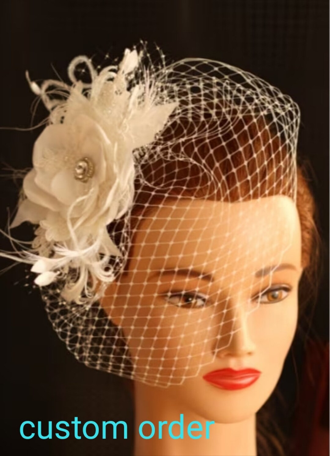 Birdcage Veil With Amazing Fascinator, Hair Flower, Feathers. Custom ...