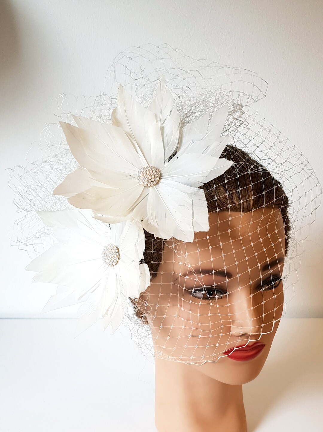 SALE 50 OFF!!! Ivory Birdcage Veil, Ivory Feathers Fascinator, Ivory ...