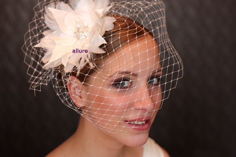 Wedding BIRDCAGE VEIL, Bridal Veil, Feather Flower, Ivory Feather ...