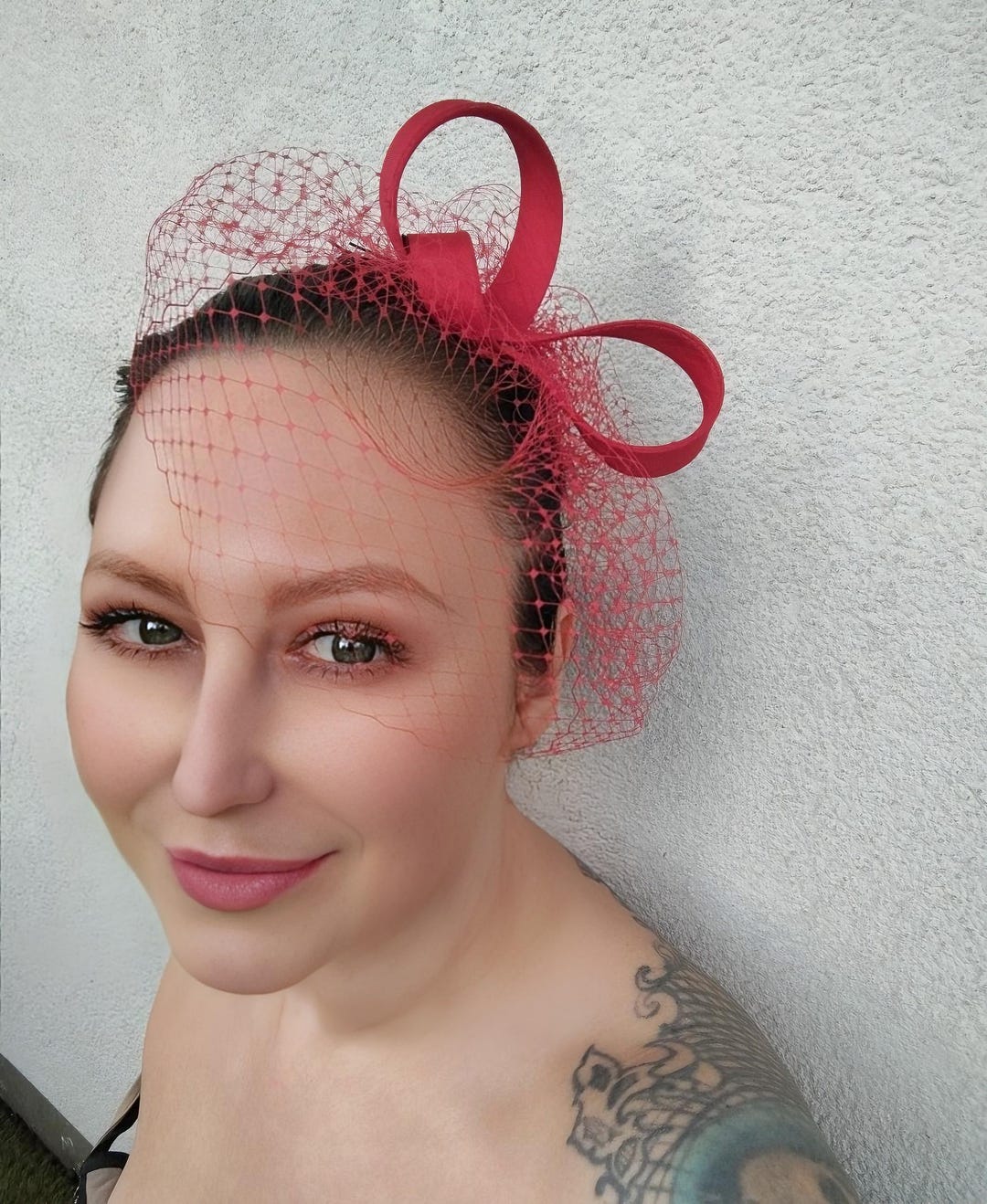 Red Small Modern Fascinator With Birdcage Veil, Red Headpiece With ...