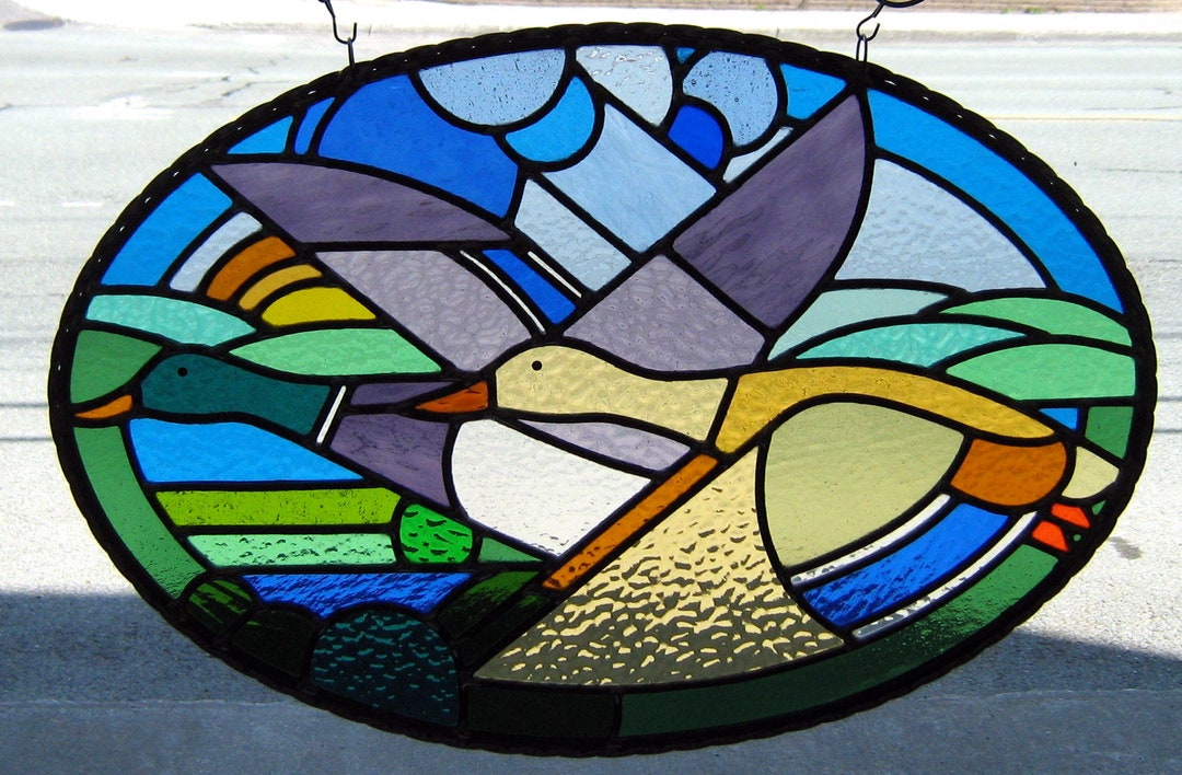 Customizable Leaded Oval Stained Glass Hanging Window Panel - Modern ...