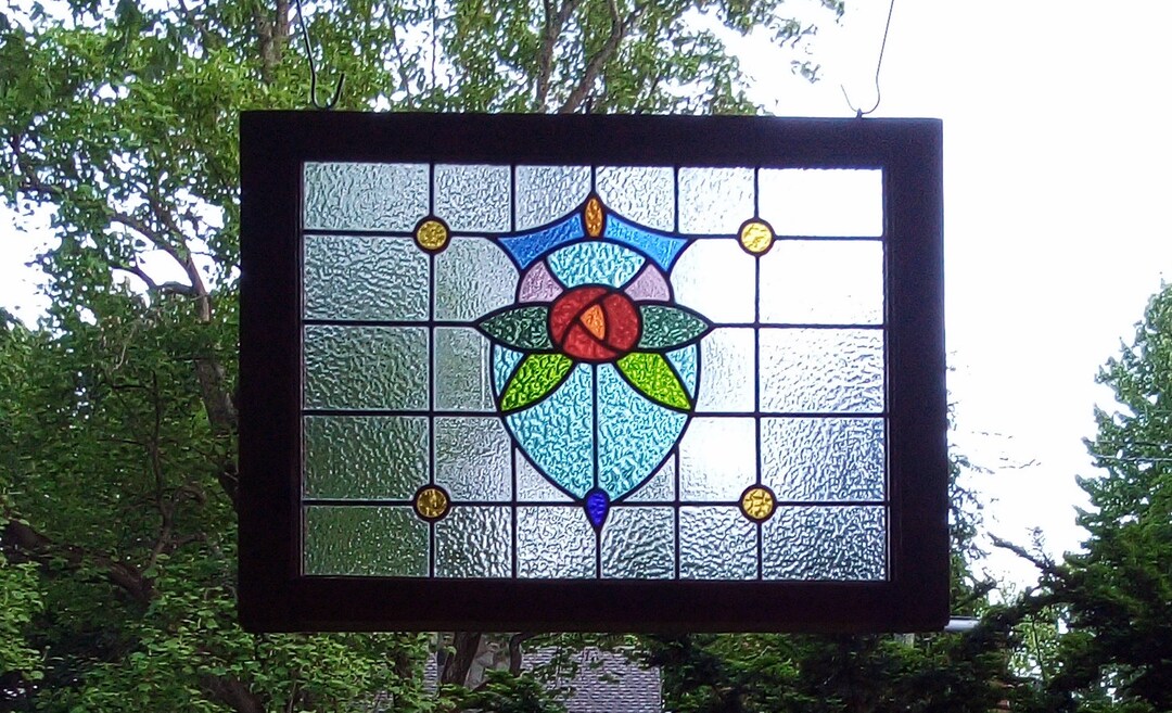 Large Transom Stained Glass Window Panel in Old Wood Frame - Etsy