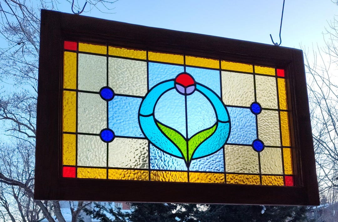 Leaded Stained Glass Panel Transom in Rustic Window Frame With Diaper ...