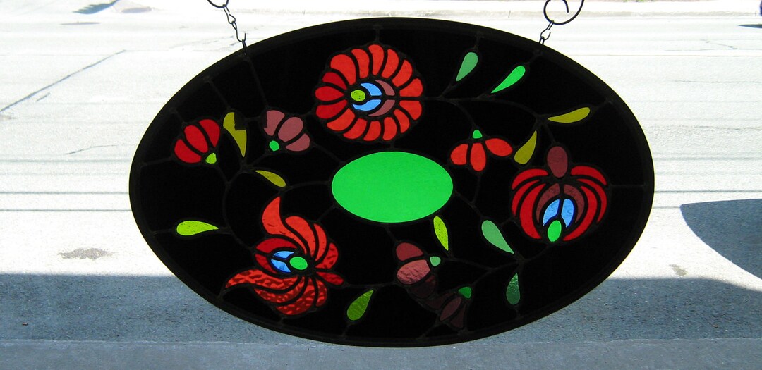 Glass Decorative Object, Oval Leaded Stained Glass Flower Window Panel ...