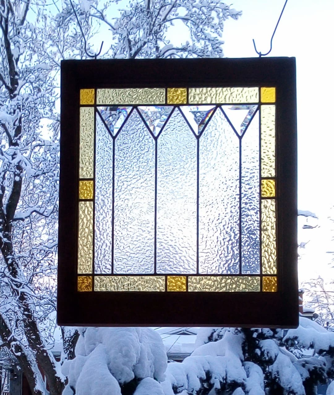 Rustic Stained Glass Window Panel: Beveled Glass, Yellow Border, Old ...