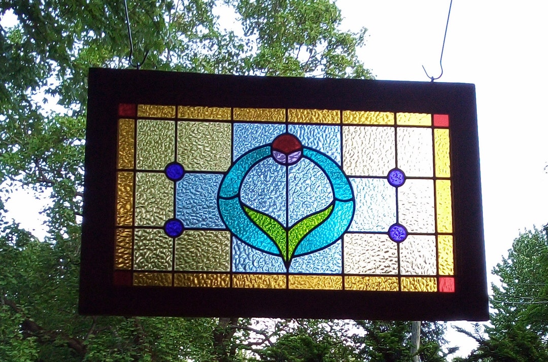 Leaded Stained Glass Panel Transom in Rustic Window Frame With Diaper ...