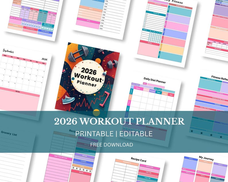 2026 Workout Planner Printable | Fitness Journal Tracker Gym Log Book ...