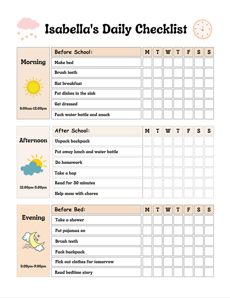 Daily School Checklist for Kids Printable | Morning Routine Chart ...