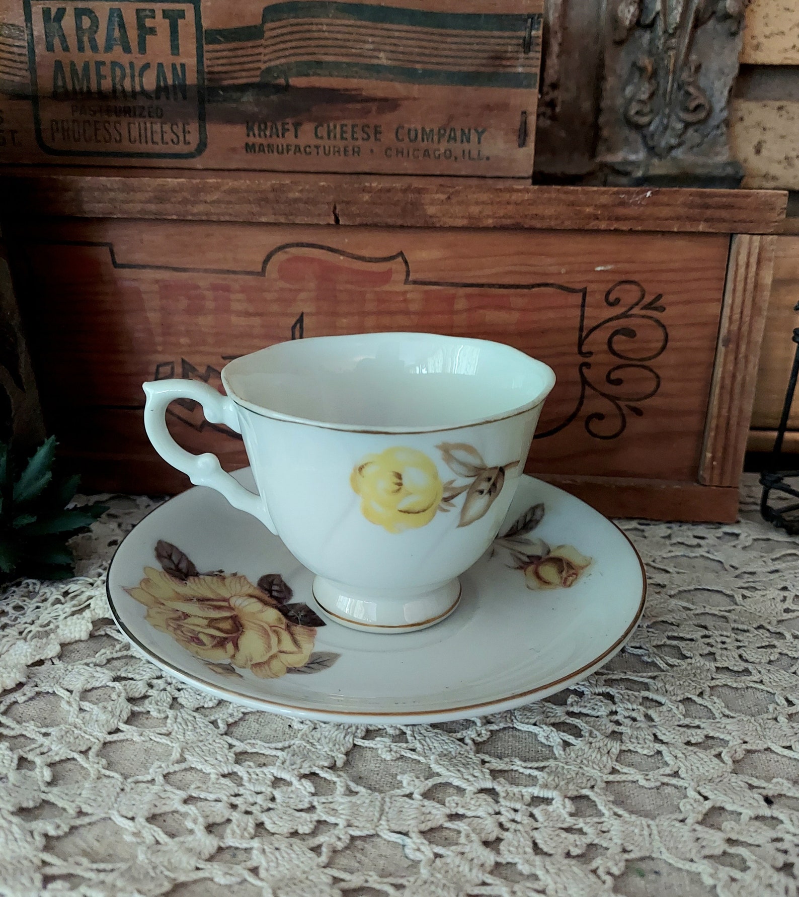 Antique Yellow Rose Tea Cup and Saucer Set - Etsy
