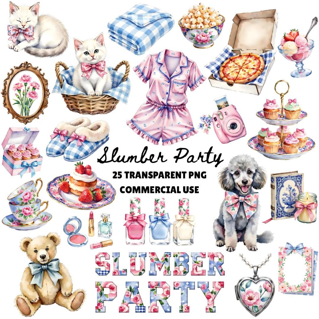 Slumber Party Clipart Grandmillenial, Girls Pink and Blue Sleepover ...