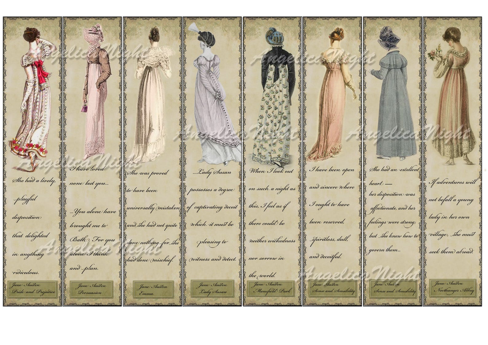 Eight Jane Austen Heroine Quote Bookmarks Digital Collage - Etsy