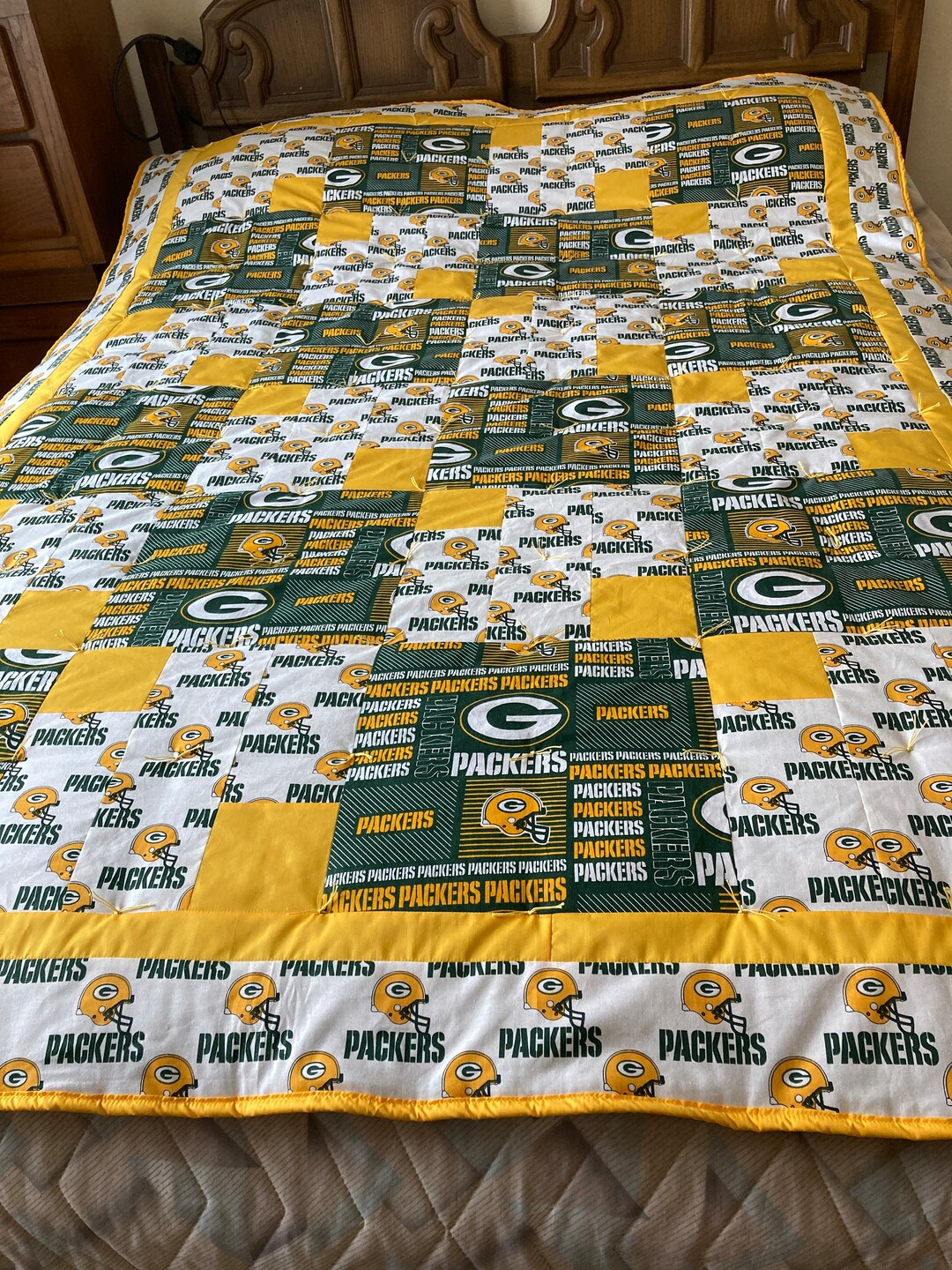 Green Bay Packers Quilt, Handmade Quilt, Crochet Cotton Tied, Comforter ...