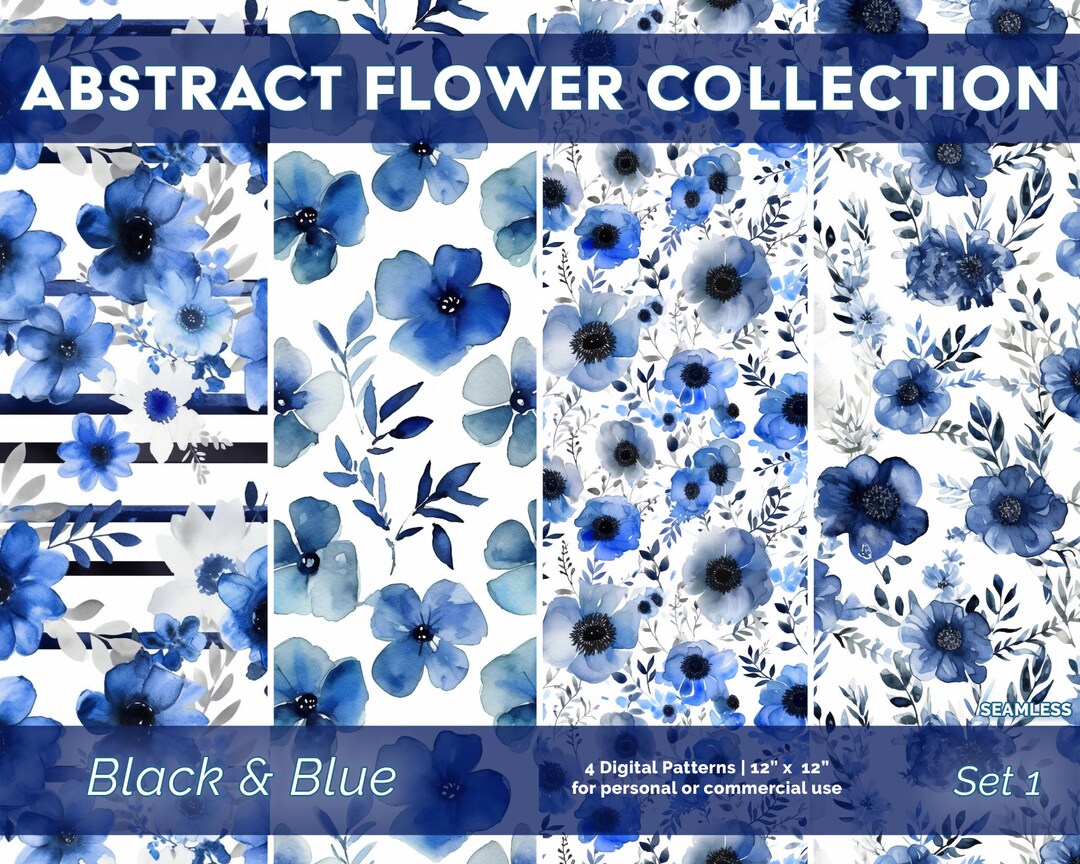 Blue, Black and White, Thin Blue Line, Floral Medley Digital Paper ...