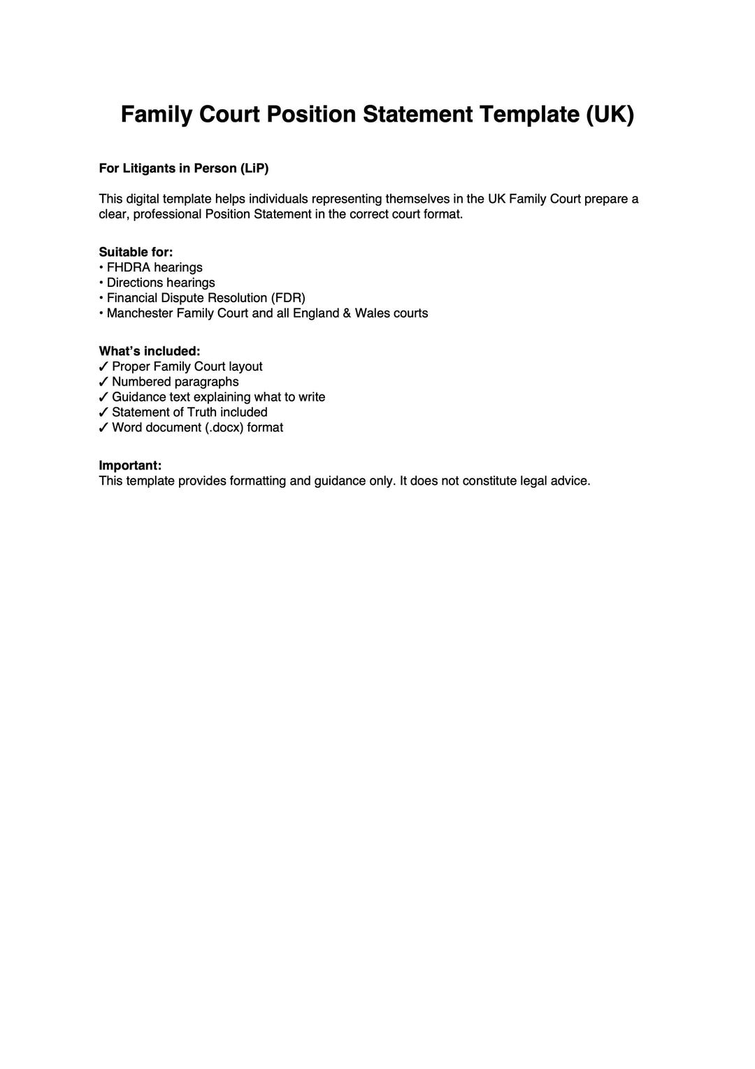 Family Court Position Statement Template UK | Litigant in Person (lip ...