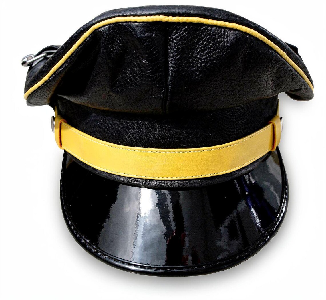 Genuine Leather Muir Cap – Black & Yellow Biker Peaked Hat, Rockabilly ...
