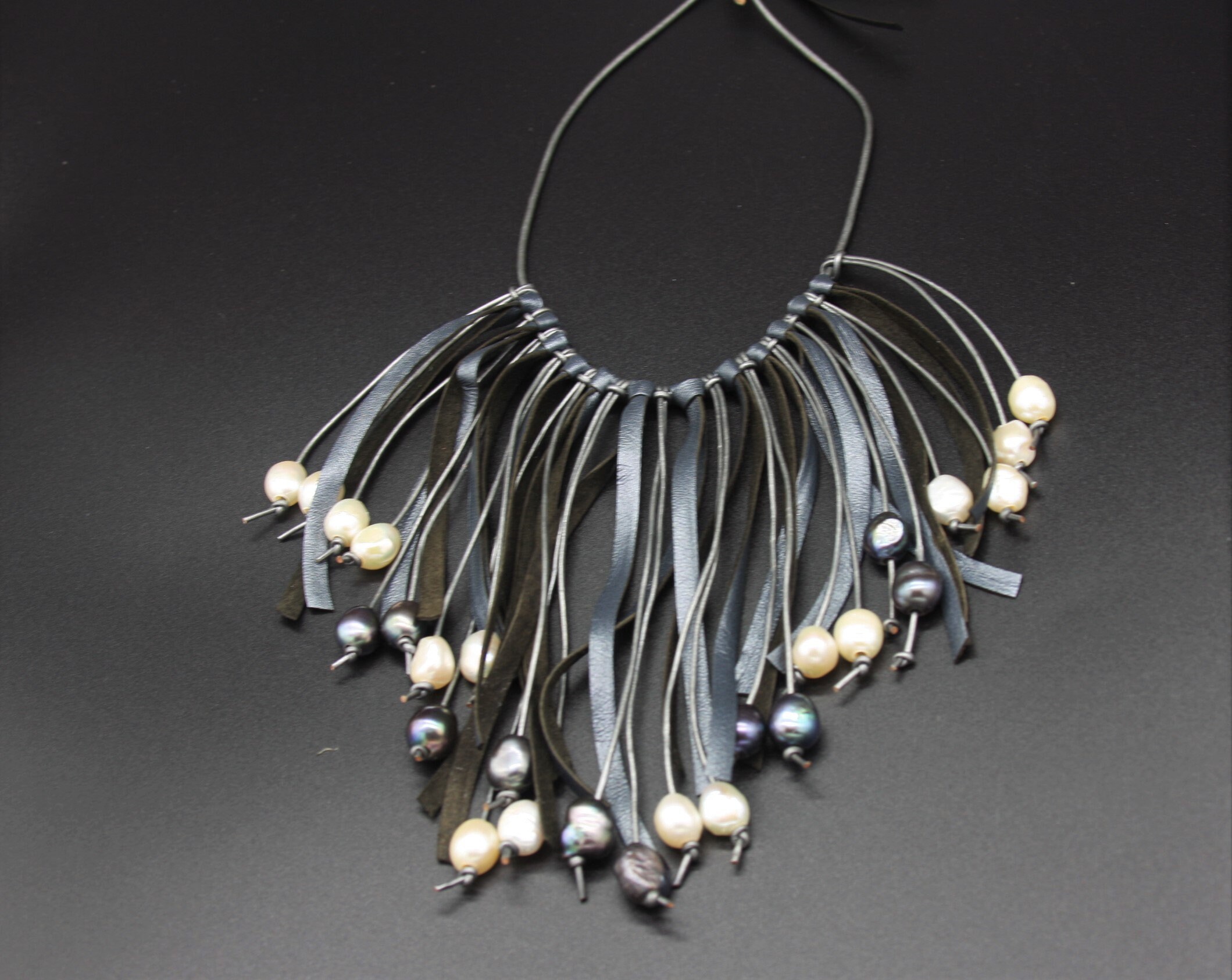Pearl and Leather Fringe Necklace,'platinum Fringe Effect',freshwater ...