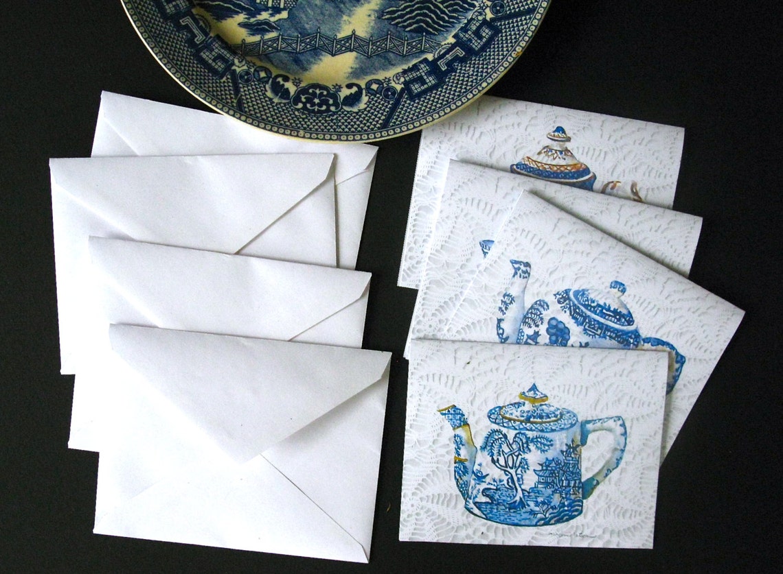 Blue Willow Teapots Notecards Blank Set of 4 - Etsy
