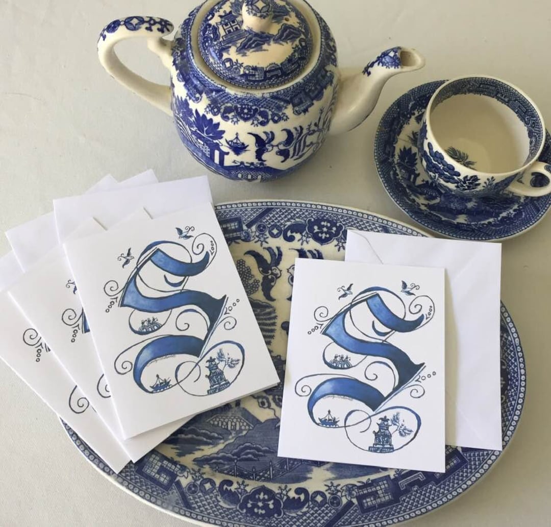 Blue Willow Monogram Notecards Watercolor 4.25”x5.25” Personalized - Etsy