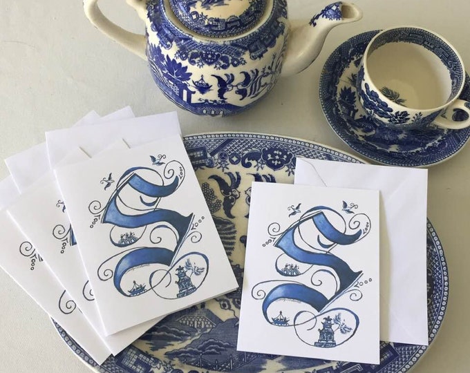 Blue Willow Monogram Notecards Watercolor 4.25”x5.25” Personalized - Etsy