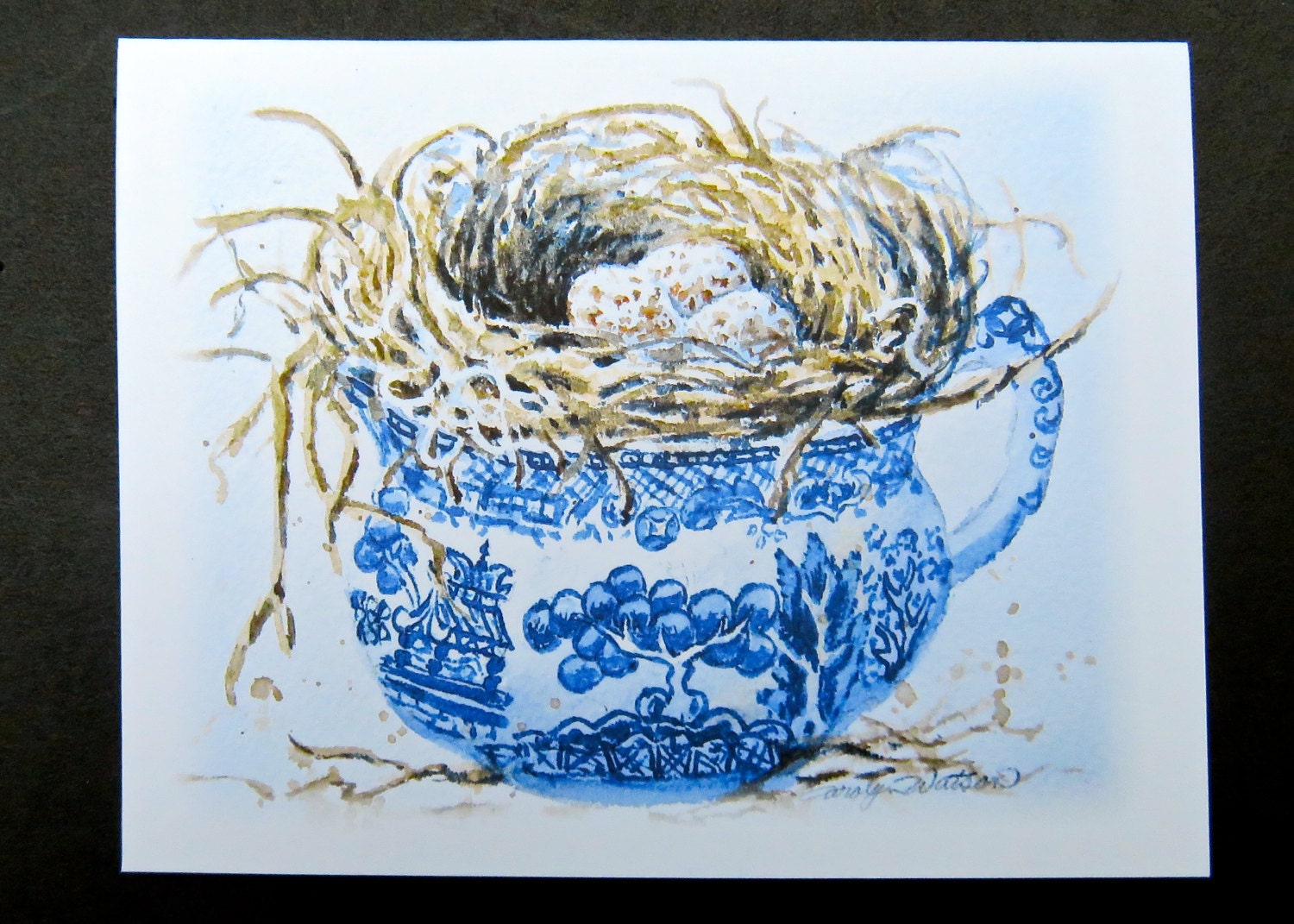 Blue Willow Notecard Blank Inside With Bird Nest 4 Same Image 5.50" X 4 ...