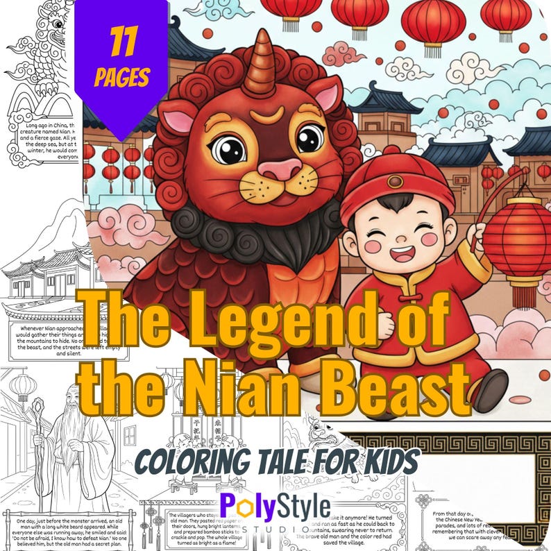 Nian Beast Coloring Book Pages: the Origin of Lunar New Year Story Tale ...