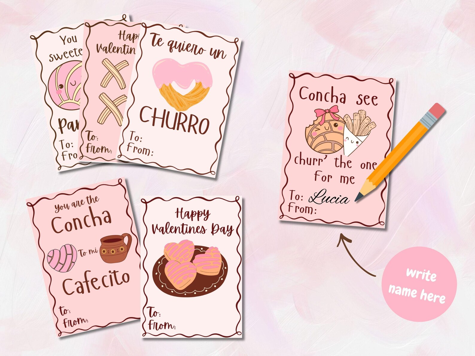 6 Pan Dulce Valentines Gift Cards, Mexican Valentines, Concha, Churros ...