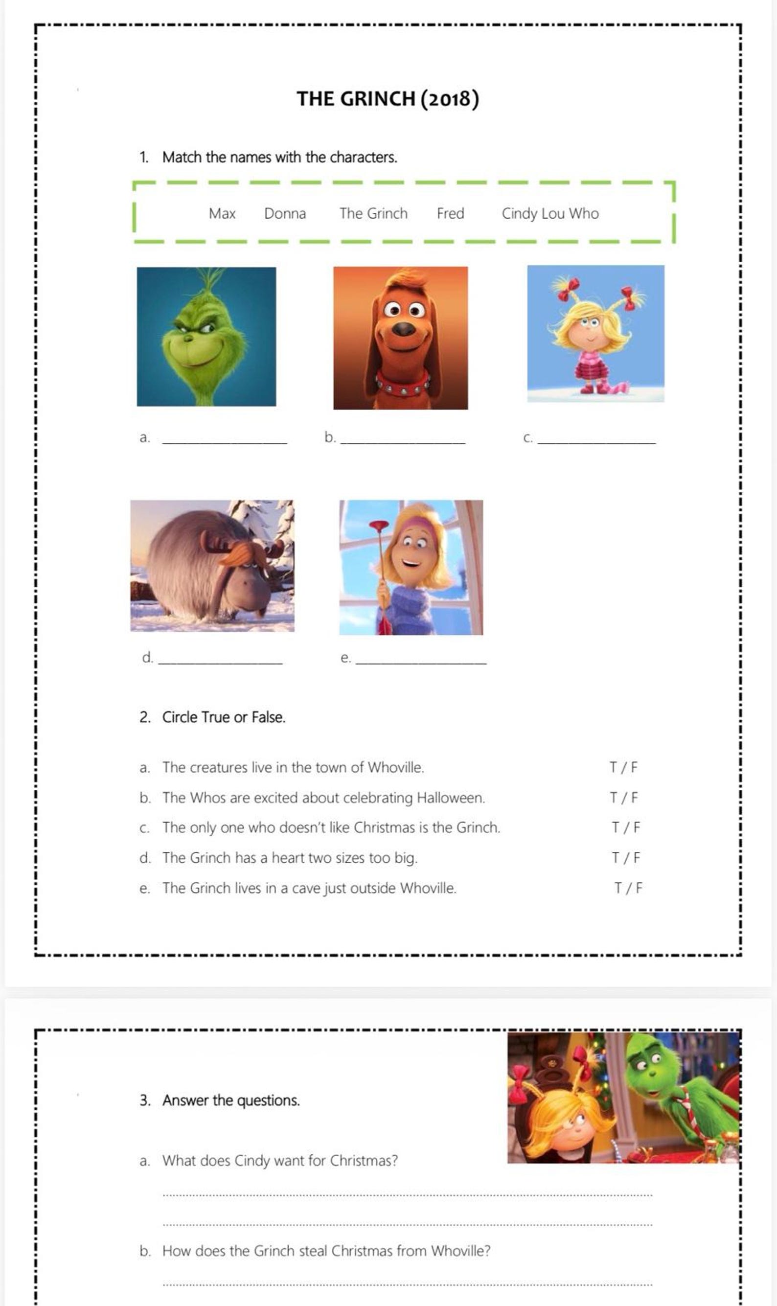The Grinch 2018 Movie Worksheet - Etsy
