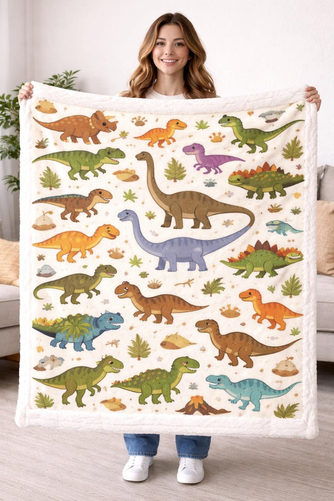 Dinosaur Family Fleece Blanket, Adorable Wildlife Throw for Bed, Sofa ...