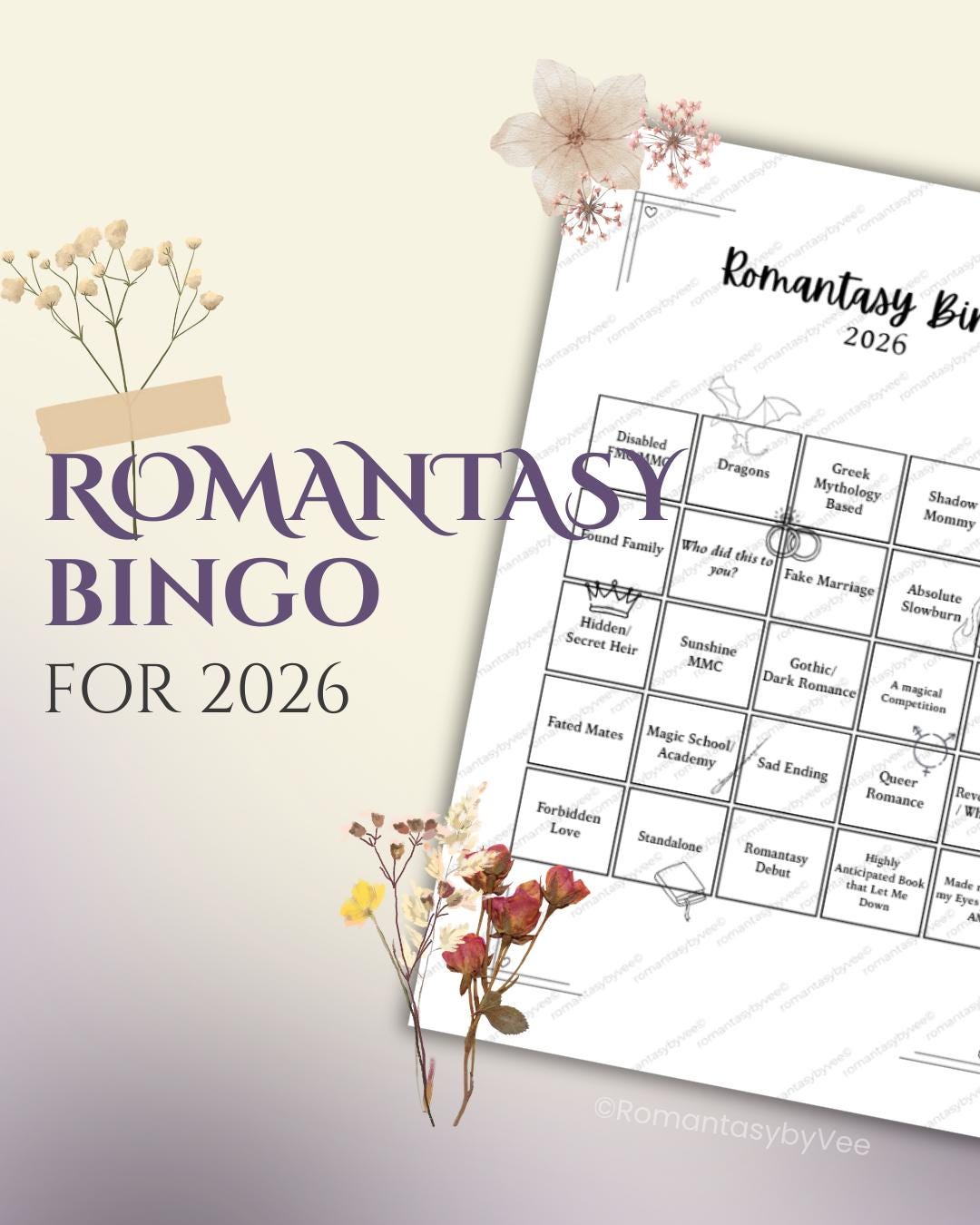 Romantasy Bingo Reading Challenge | Booktok Fantasy Romance Bingo ...