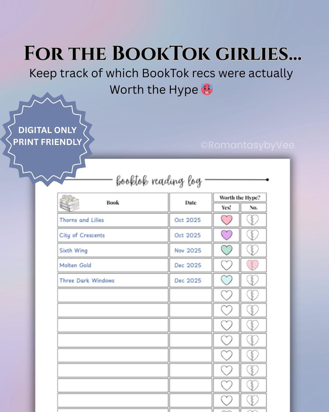 Booktok Reading Log | Printable Reading Journal Page | Digital Download ...