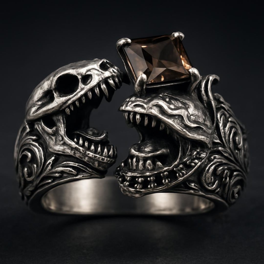 Gothic Snake Skull Ring, Smoky Quartz Sterling Silver Filigree ...