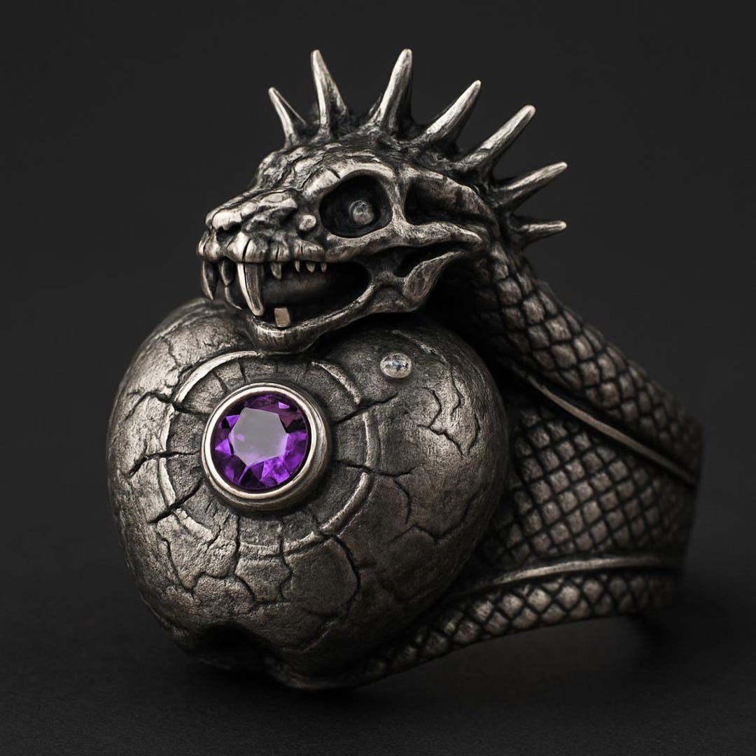 Gothic Snake Skull Ring in Antiqued Sterling Silver With Amethyst Apple ...
