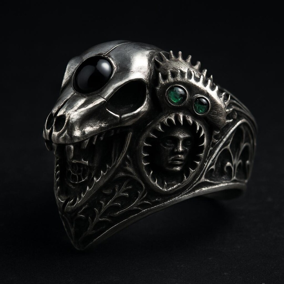 Gothic Snake Skull Ring, Black Onyx & Emerald, Sterling Silver Signet ...