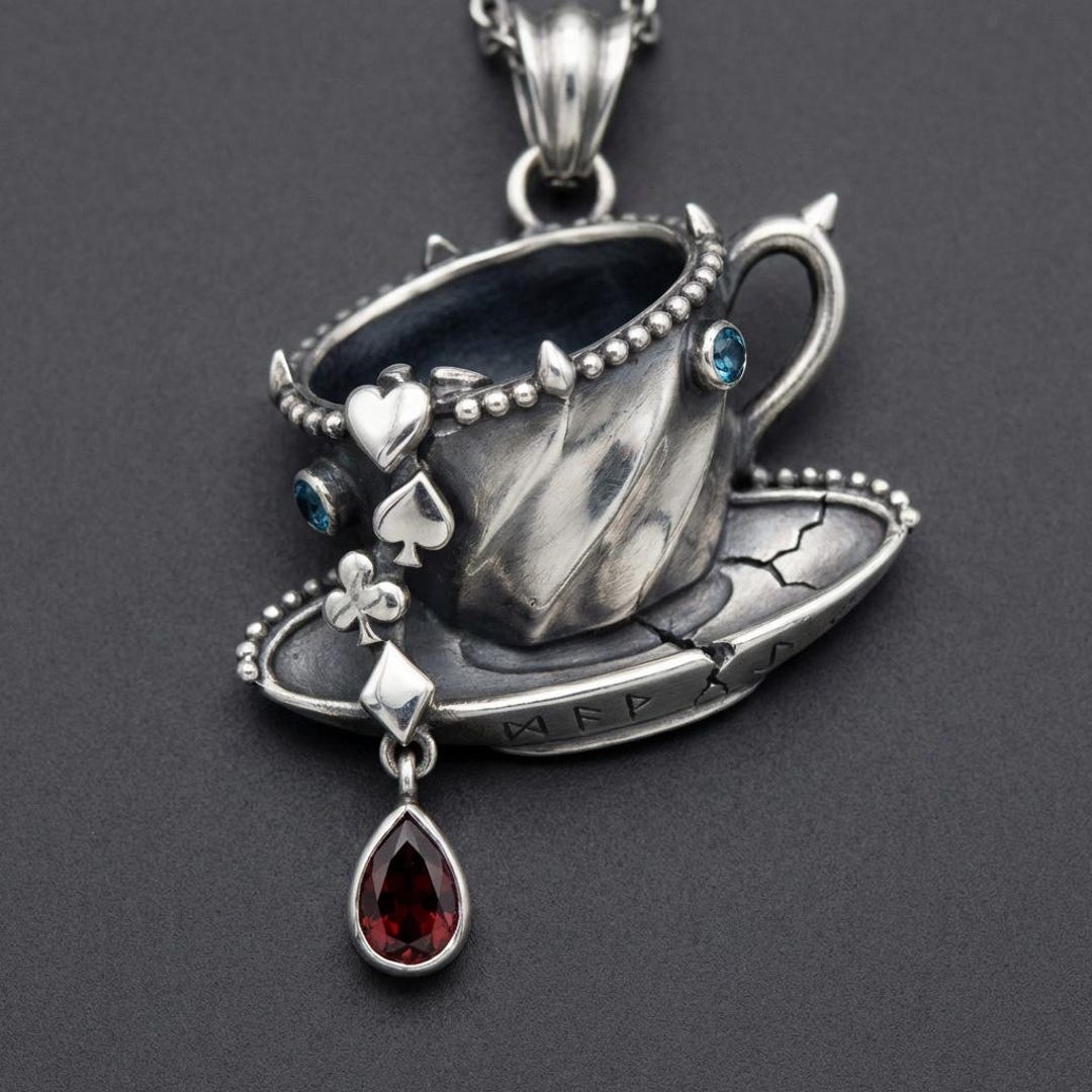 Gothic Teacup Pendant • Sterling Silver, Card Suit & Red Drop - Etsy