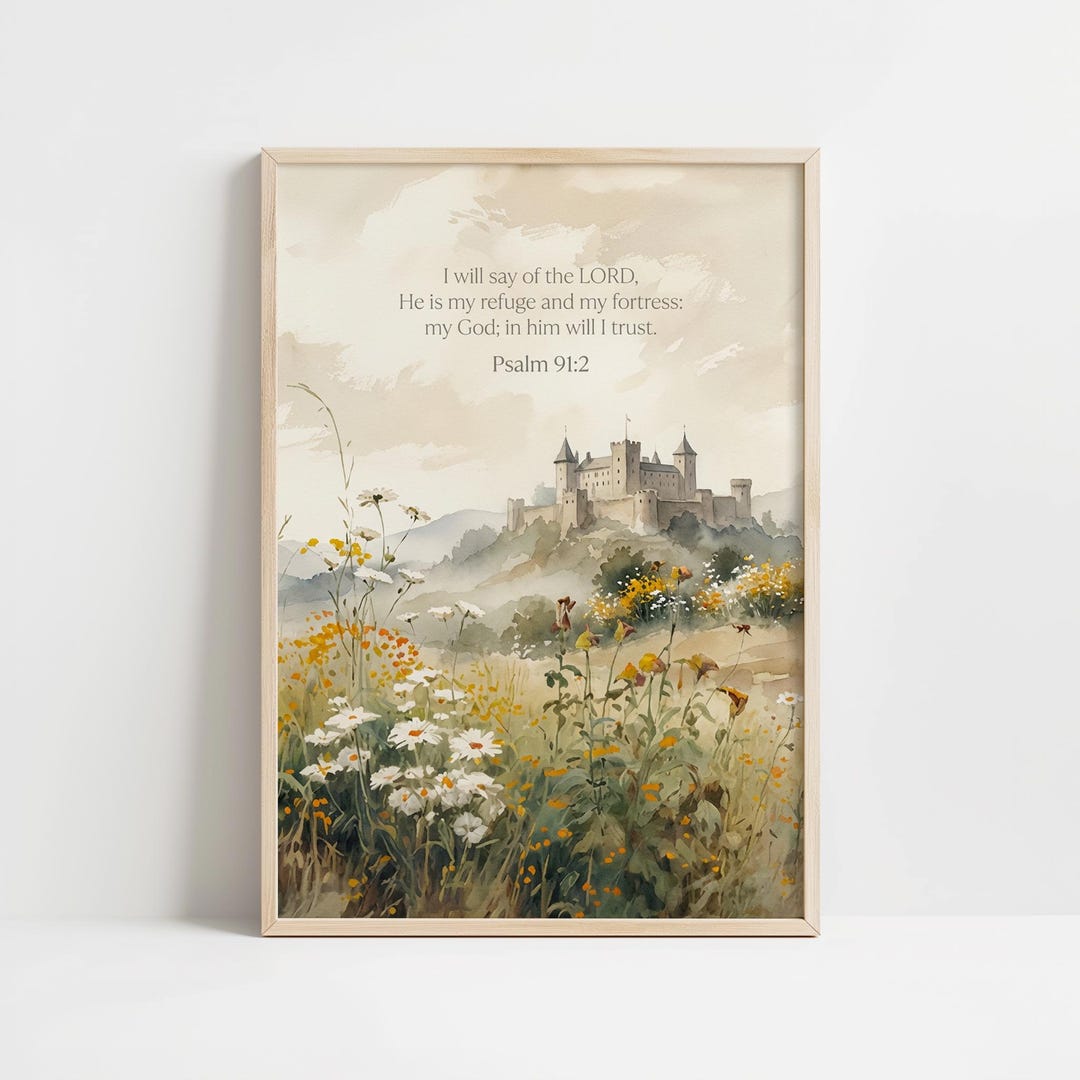 Psalm 91:2 Serene Pastoral Castle Landscape - Rustic Vintage Watercolor ...